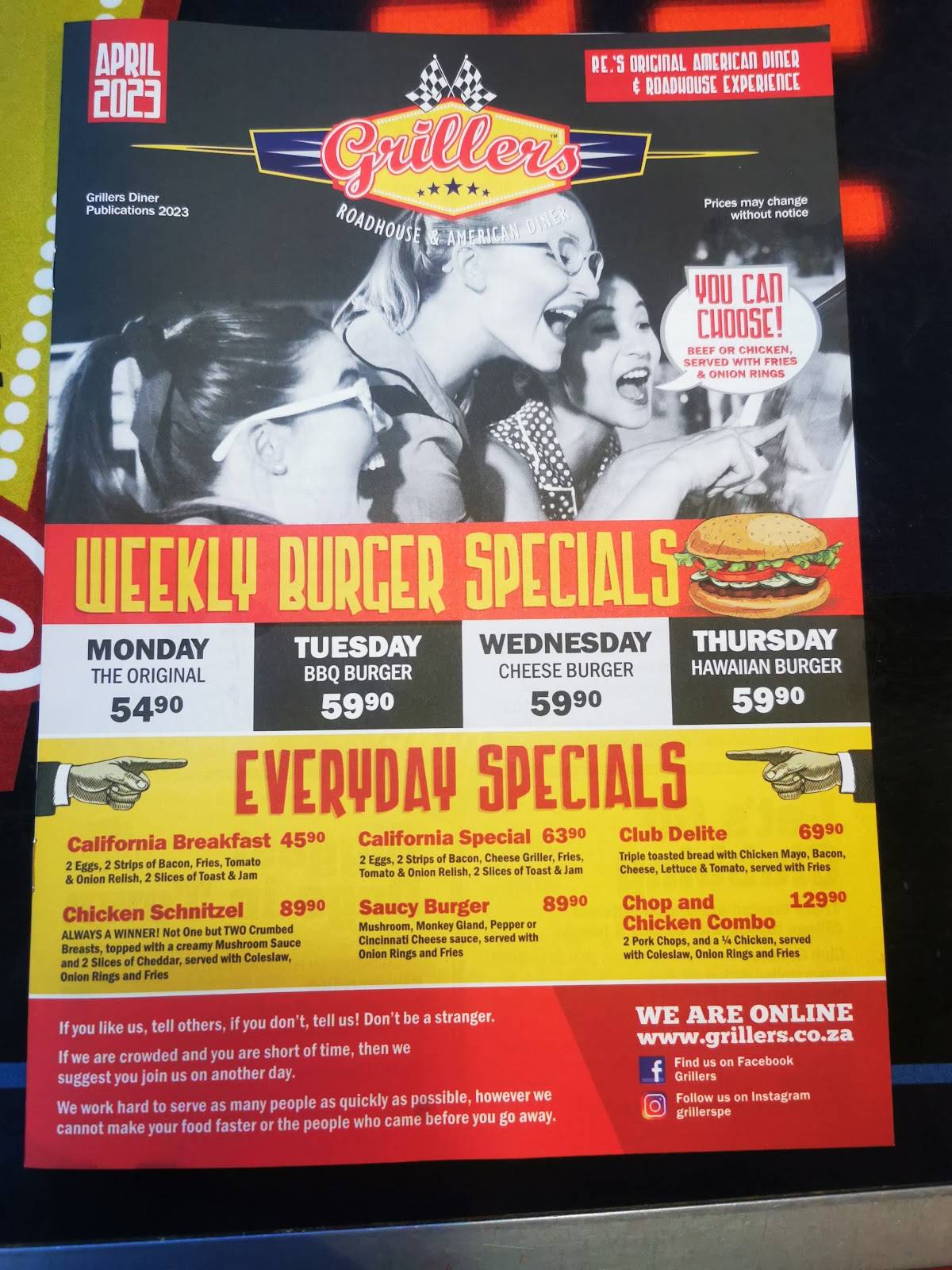 Menu at Grillers restaurant, Port Elizabeth