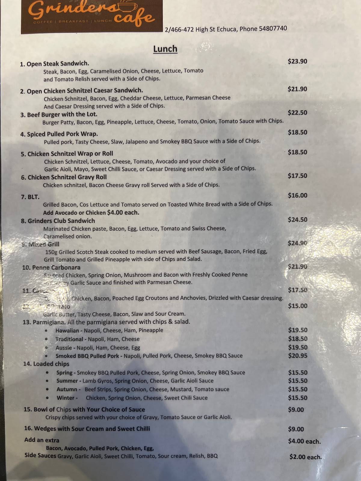 Menu at Grinders Cafe, Echuca