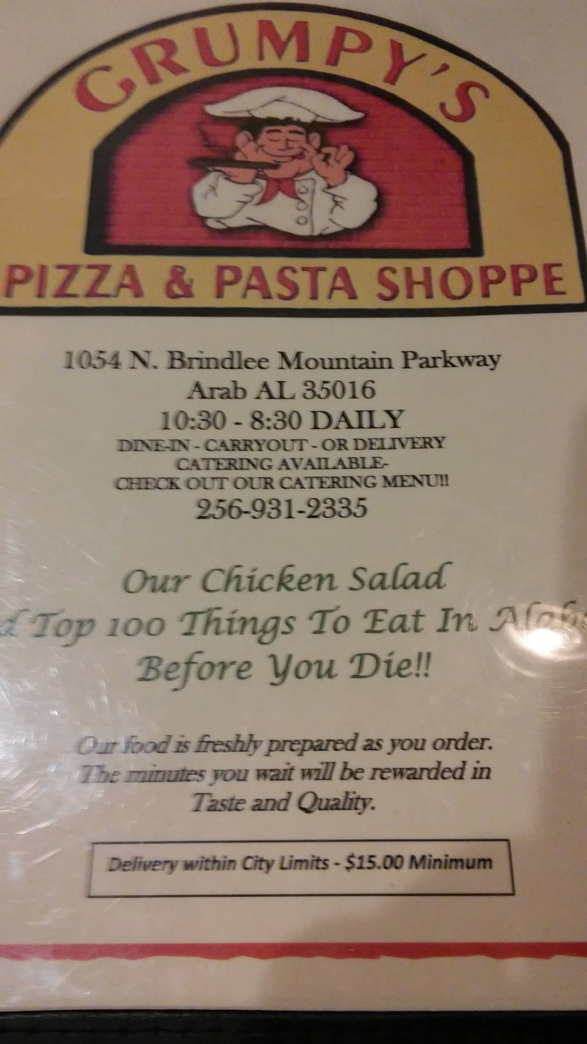 Menu at Grumpy's Pizza pizzeria, Arab