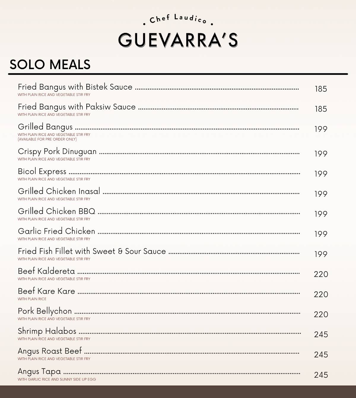 Menu at Guevarra's restaurant, San Juan