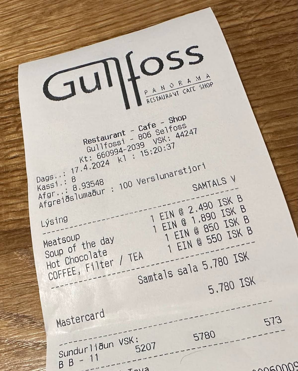 Carta de Gullfoss - Panorama Restaurant - Cafe - Shop, Islandia