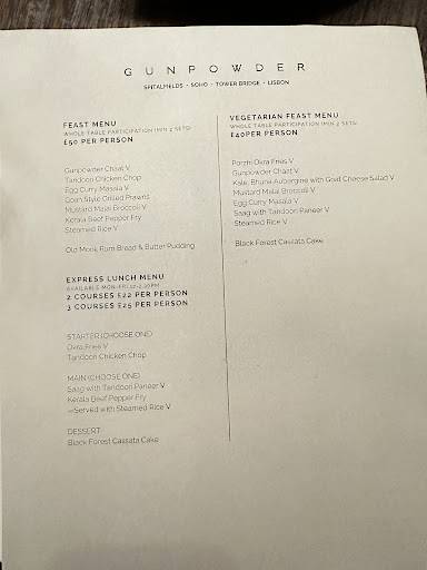 Menu at Gunpowder restaurant, London