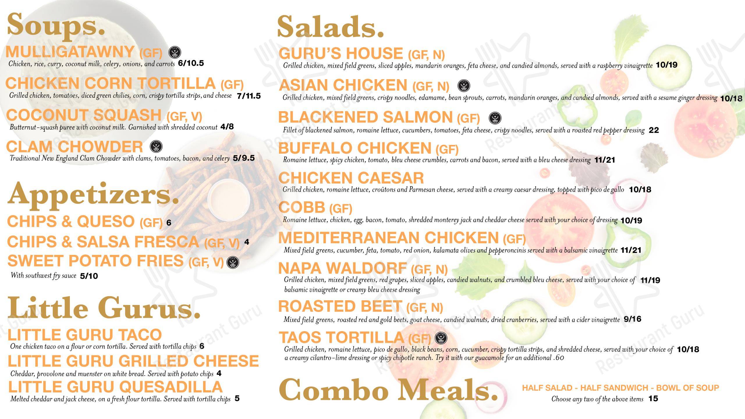 Menu at Guru's Cafe, Provo