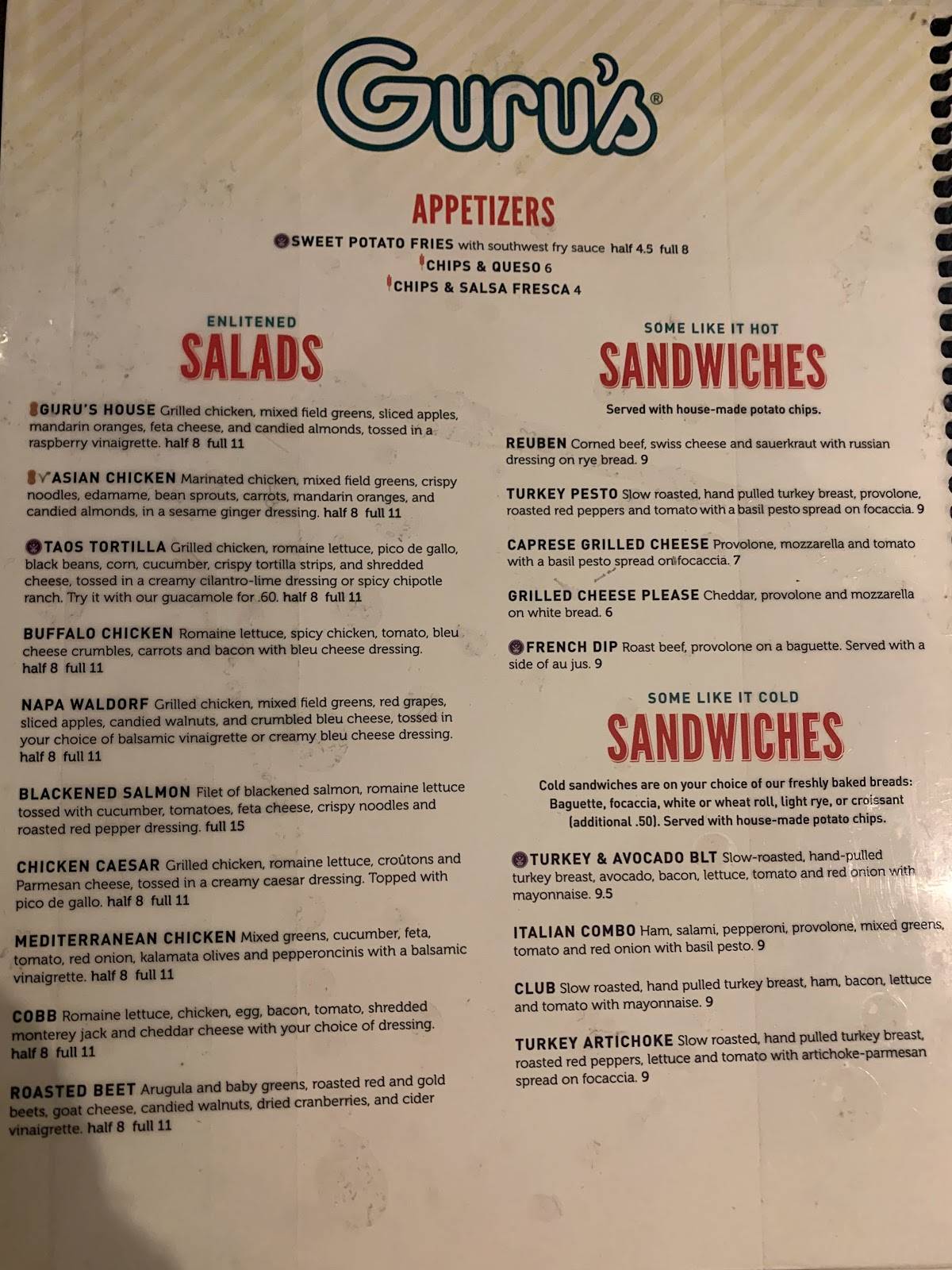 Menu at Guru's Cafe, Provo