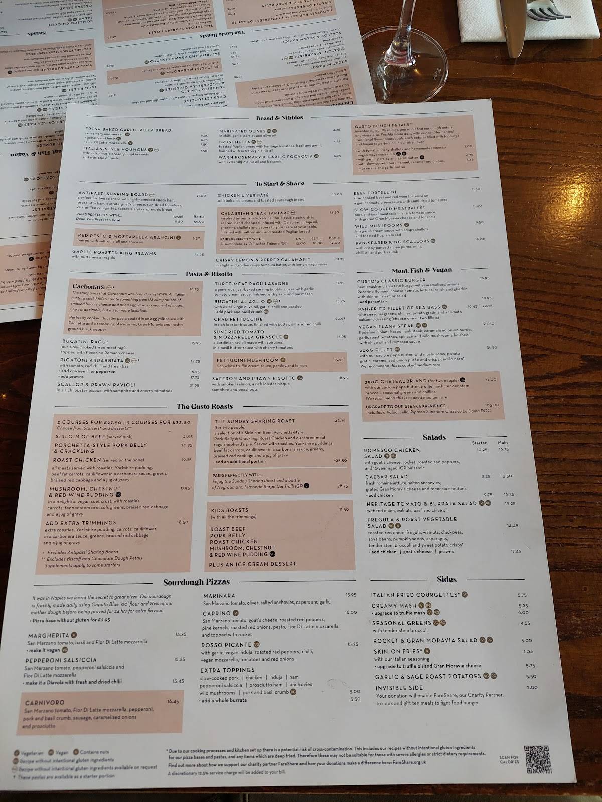 Menu at Gusto Italian restaurant, Newcastle upon Tyne, 106 Quayside