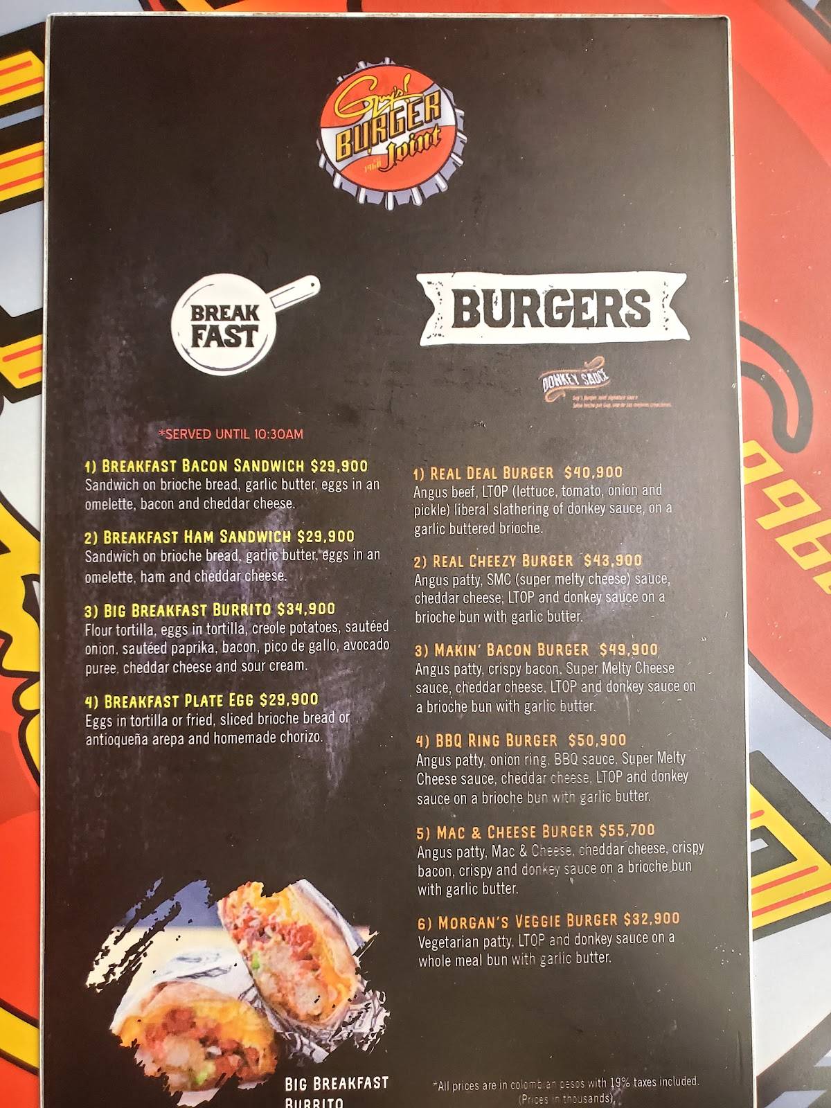 Carta del restaurante Guy's Burger Joint, Rionegro