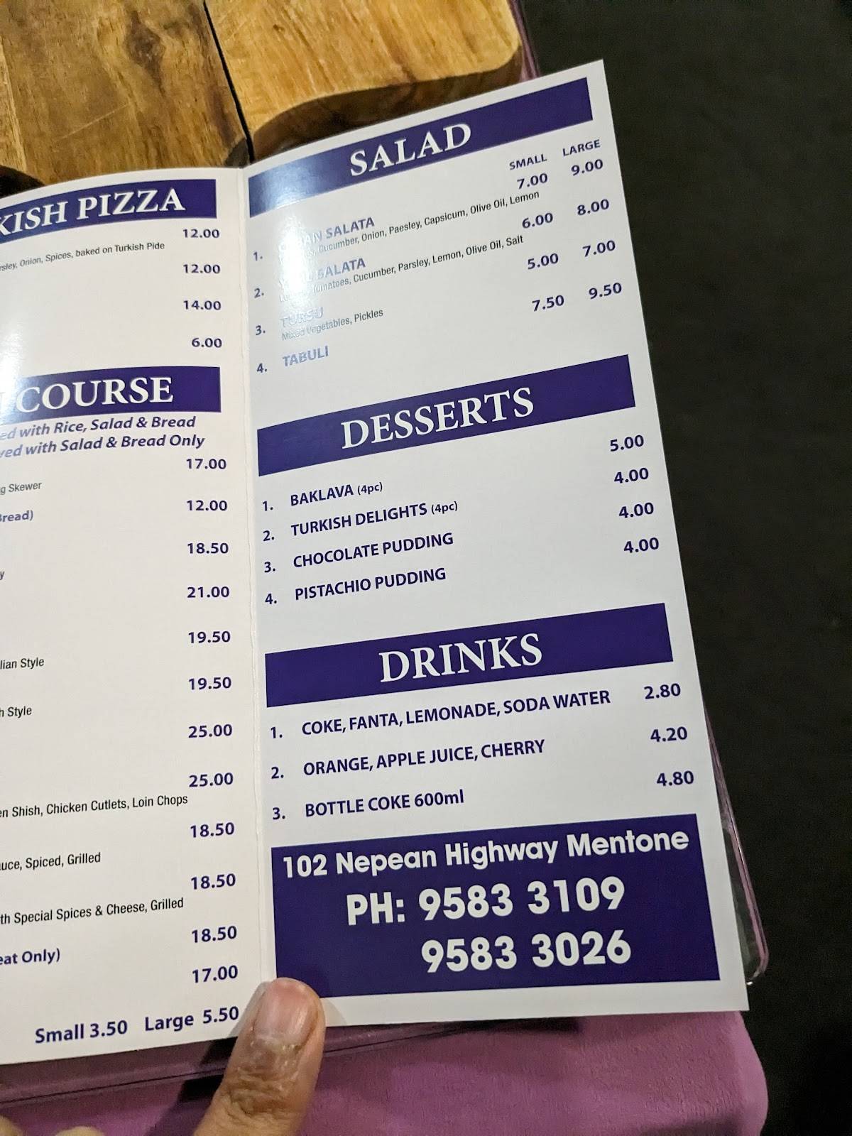 Menu at Guzel Istanbul restaurant, Mentone