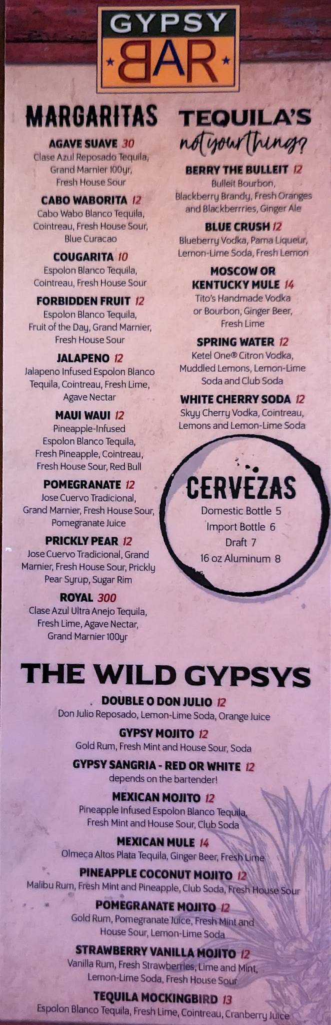 Menu at Gypsy Bar, Atlantic City