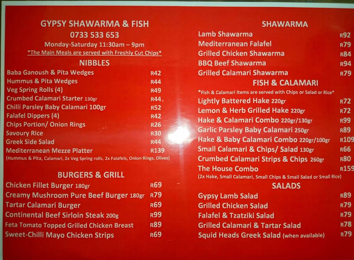 Menu at Gypsy Shawarmas and Fish restaurant, Port Elizabeth