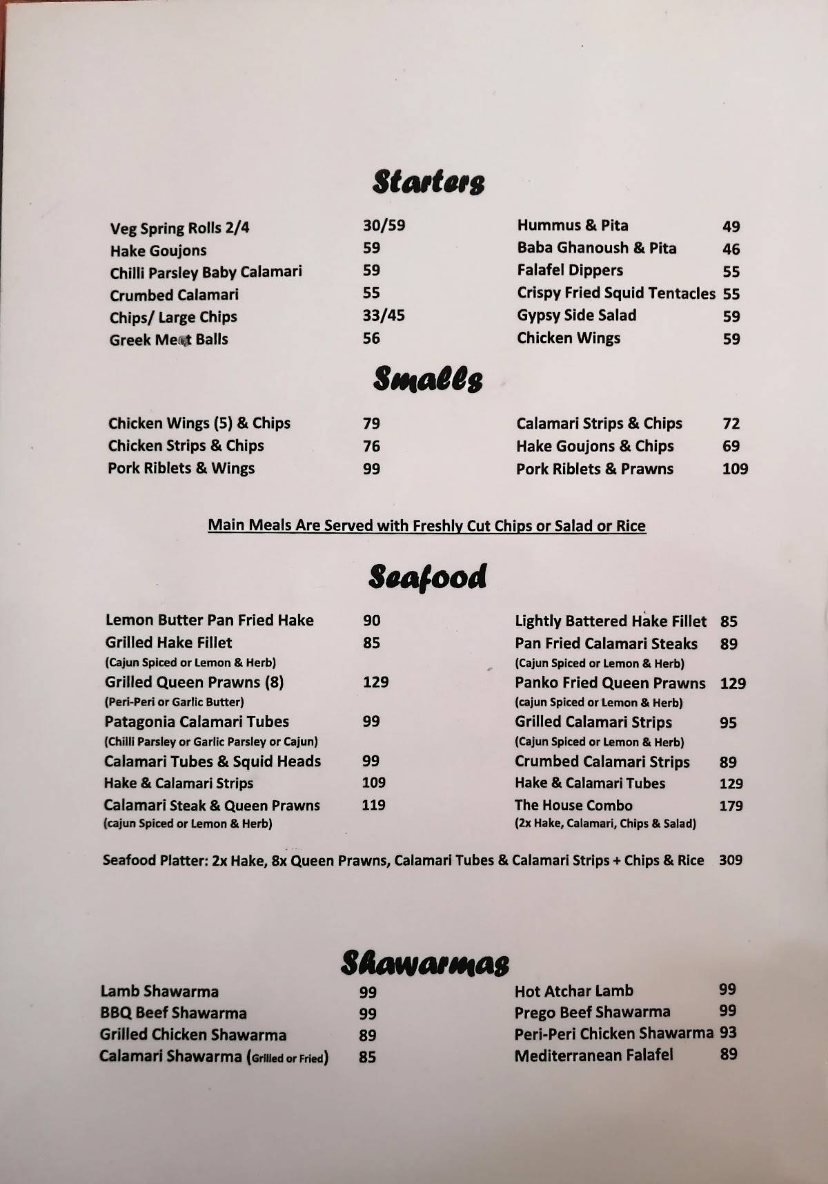 Menu at Gypsy Mediterranean restaurant, Port Elizabeth