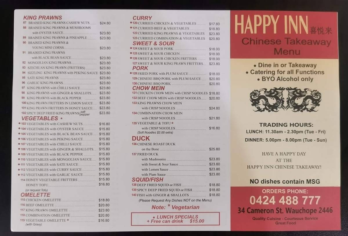 Menu at HAPPY INN CHINESE TAKEAWAY, Wauchope
