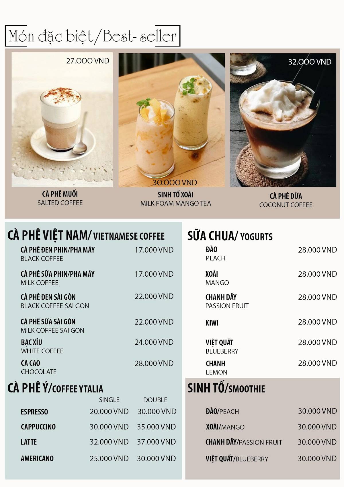 Menu at HOME coffee cafe, Hoi An, 512 Đ. Hai Bà Trưng