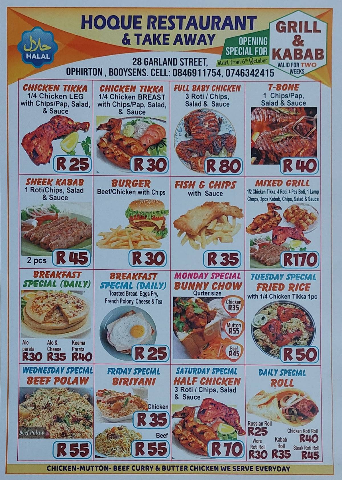 Speisekarte von HOQUE RESTAURANT & Takeaway, Johannesburg
