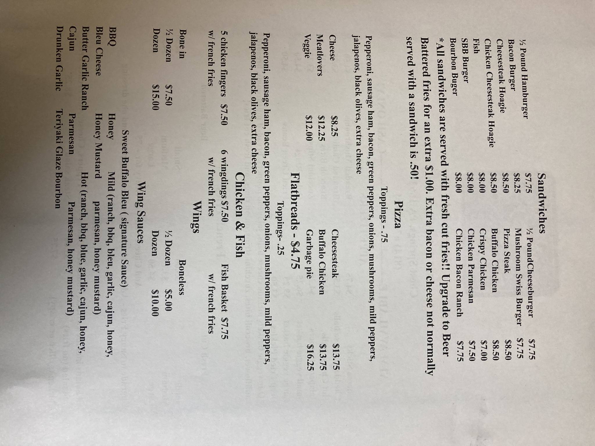 Menu at Chest Springs Tavern pub & bar, Chest Springs