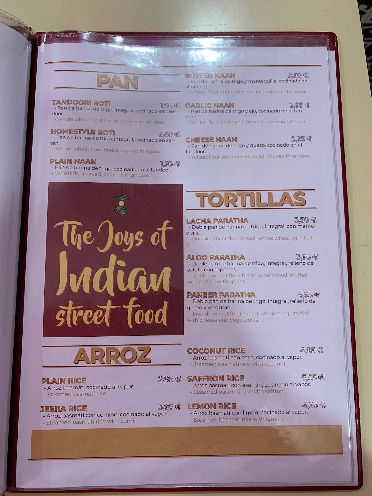 Carta de Haldi Indian Restaurant, Barcelona