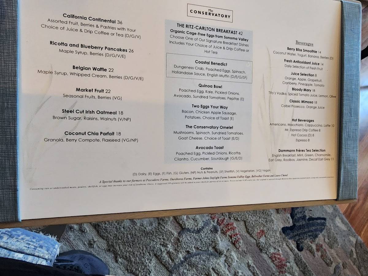 Menu at The Conservatory restaurant, Half Moon Bay