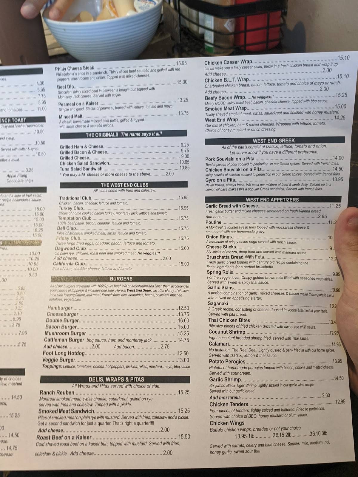 Menu at West End Diner restaurant, Hamilton