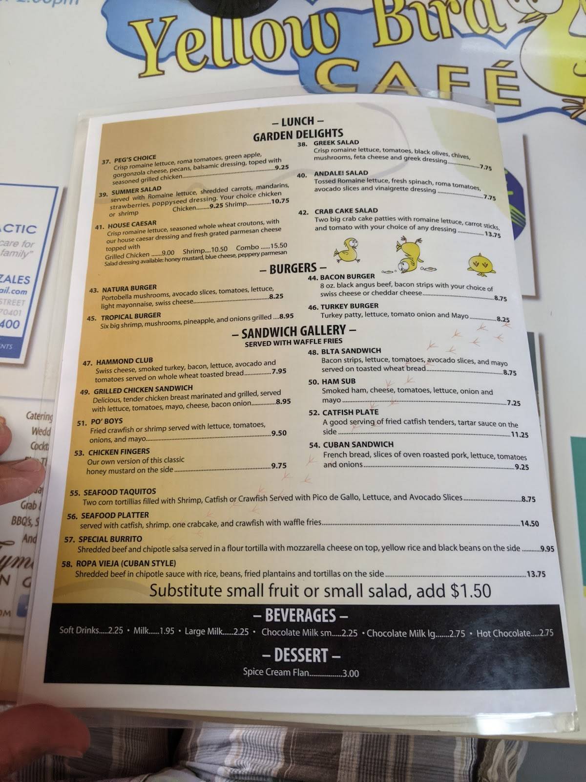 Menu at Yellow Bird Cafe, Hammond