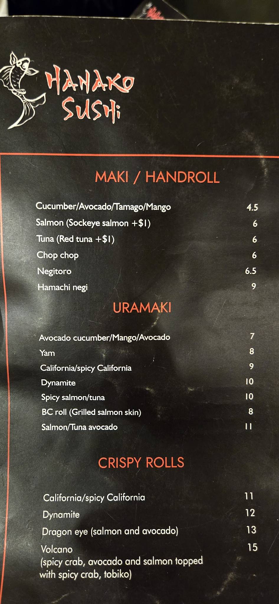 Menu at Hanako Sushi restaurant, Canada