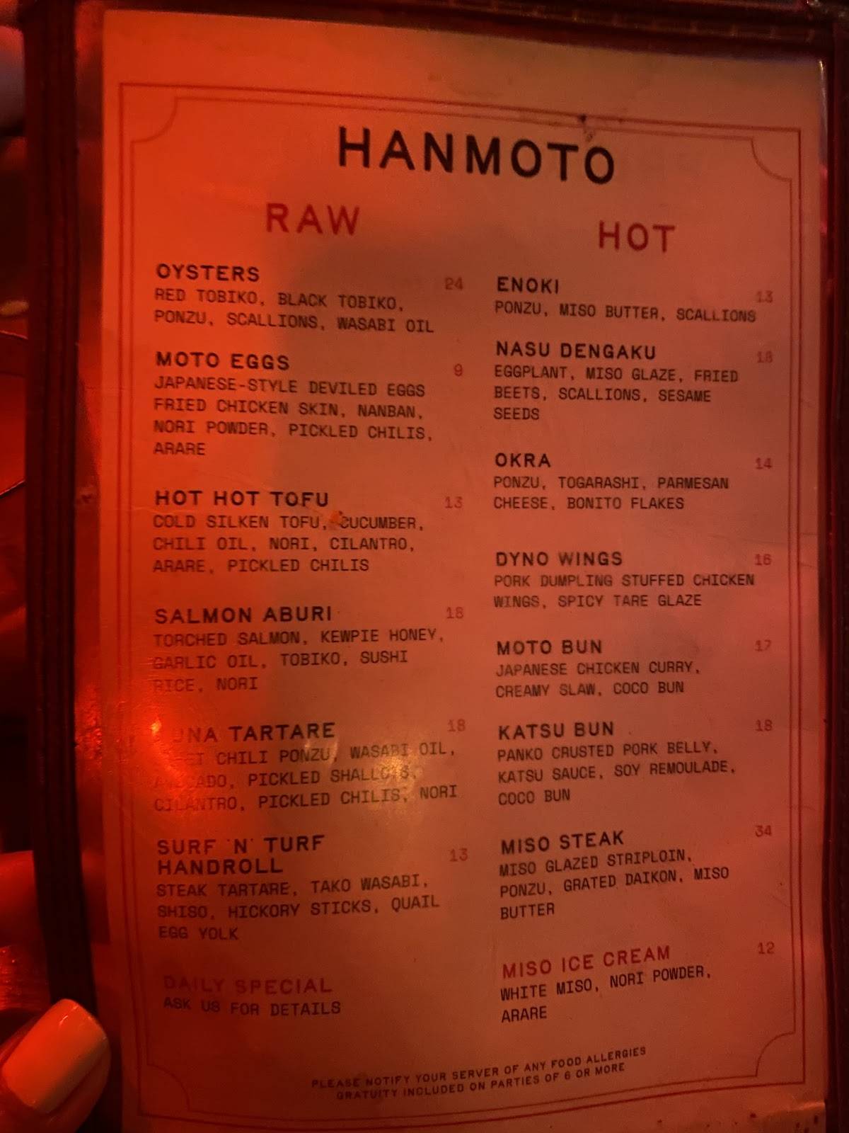 Menu at Hanmoto restaurant, Toronto