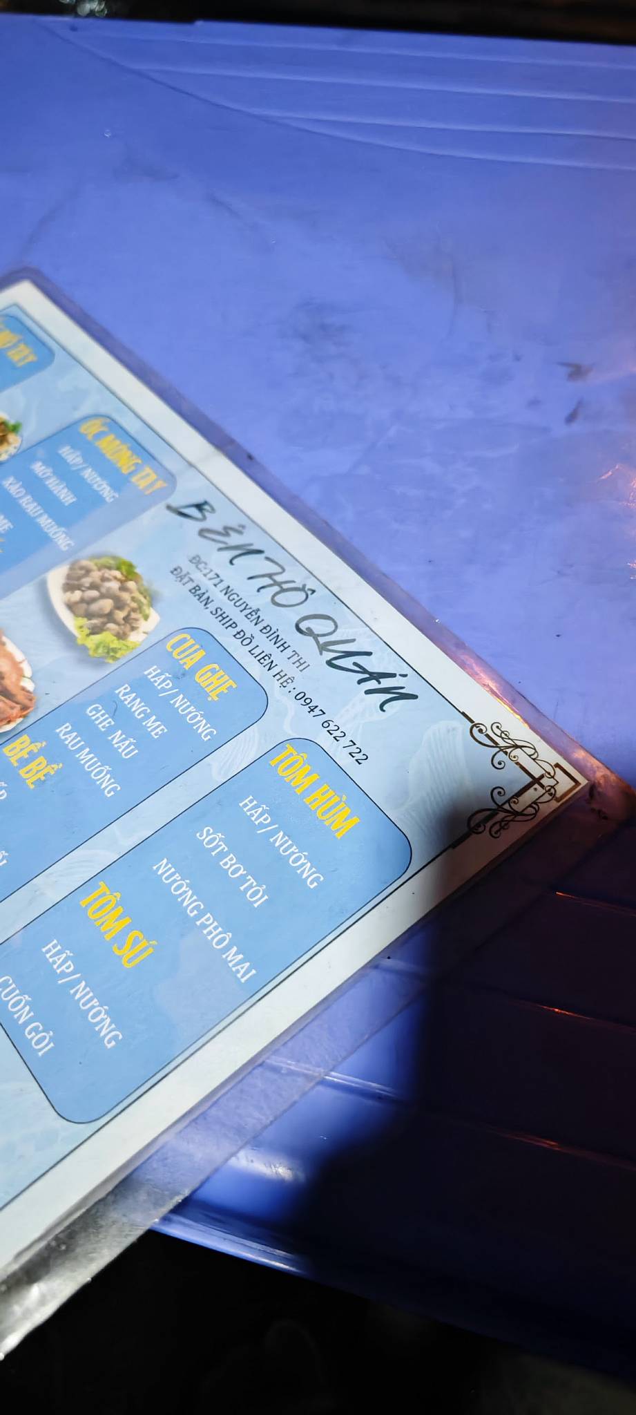 Menu at Ốc - Hải Sản - Bên Hồ Quán restaurant, Hanoi