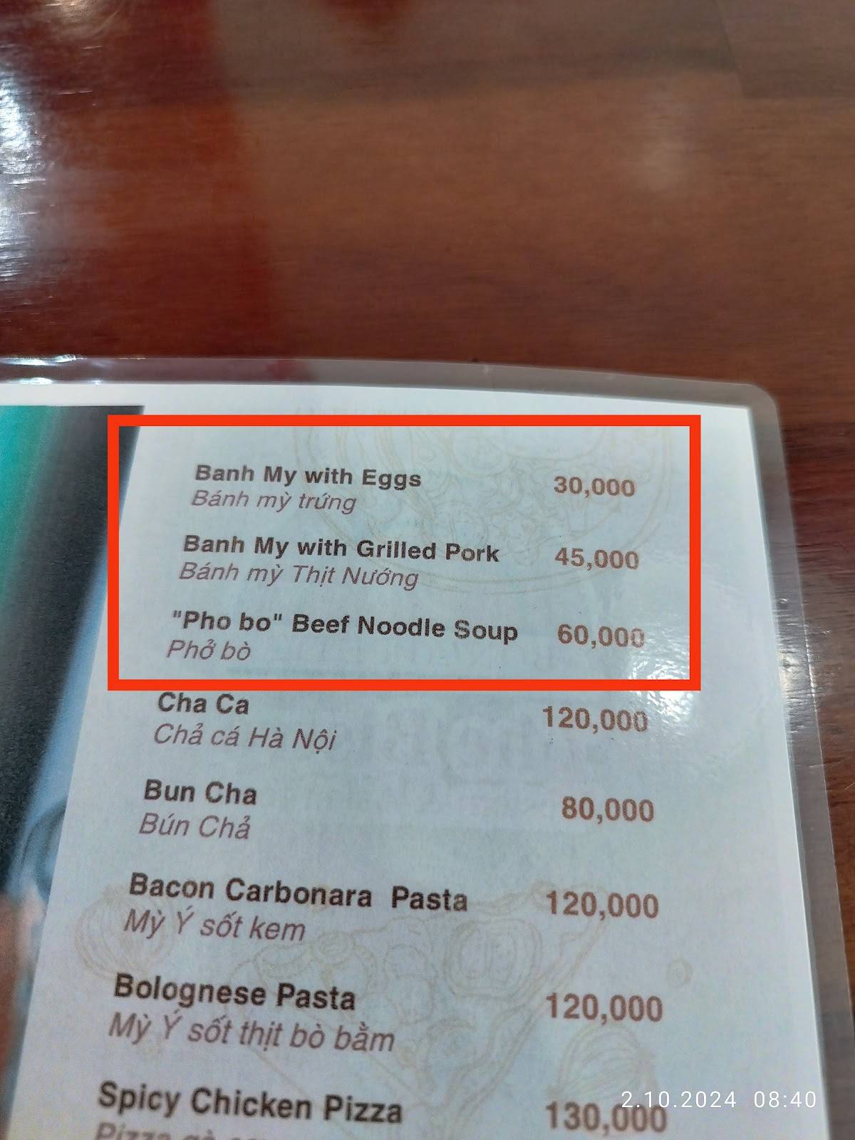 Menu at The Bistro restaurant, Hanoi, 2/2C Khu Ngoại Giao Đoàn Vạn Phúc