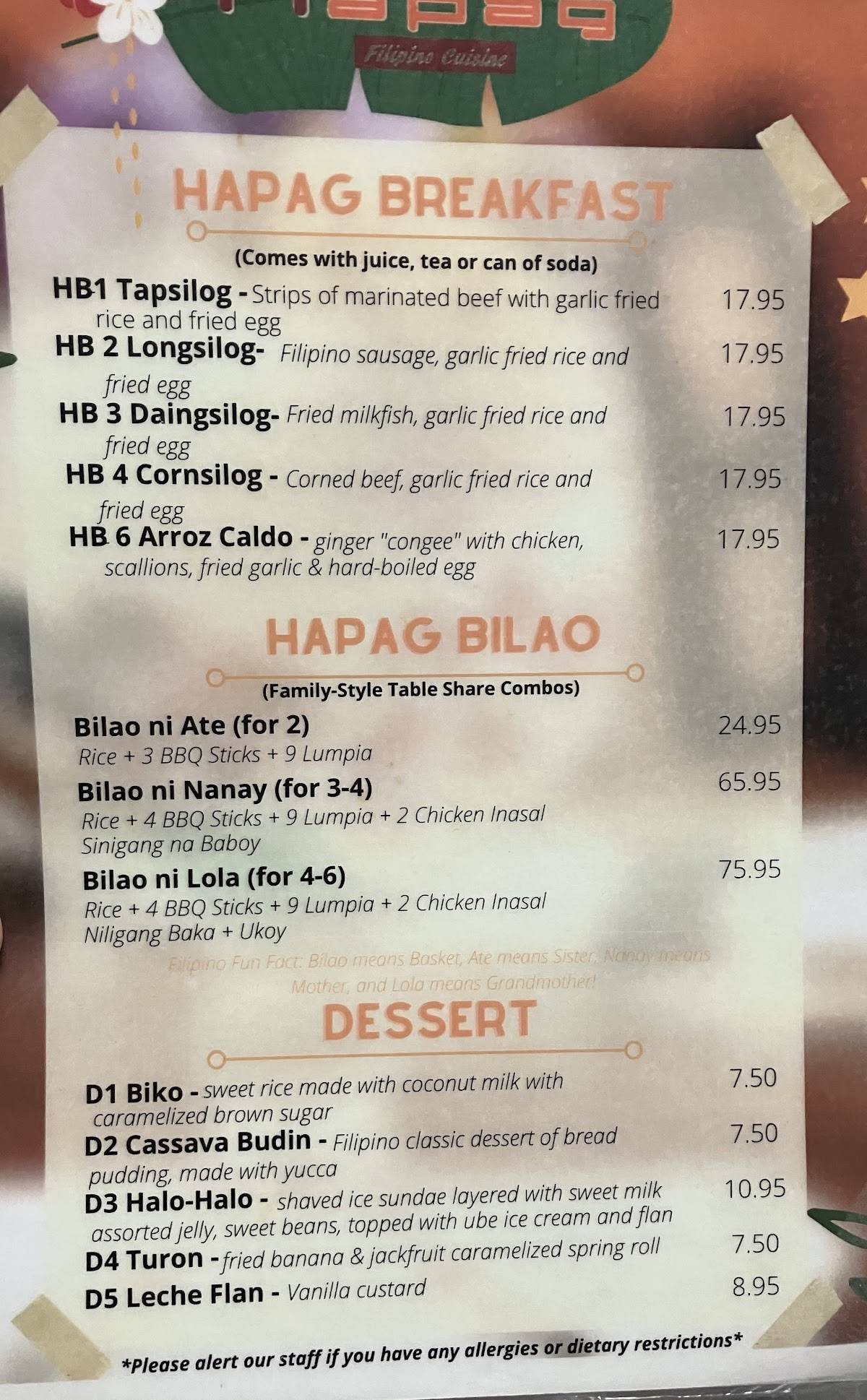 Menu at Hapag Filipino Cuisine restaurant, Yonkers