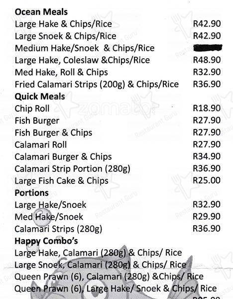 Menu at Happy Fish, Cape Town