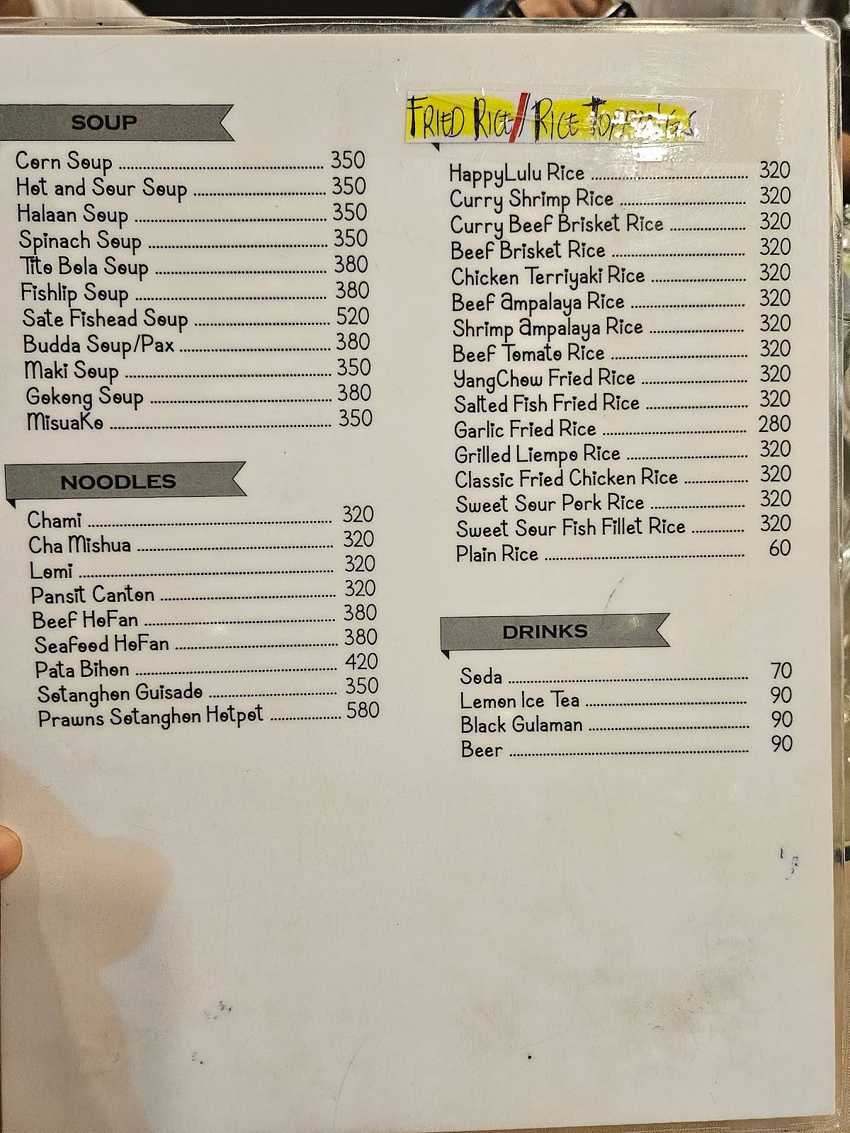 Menu at Happy Lulu restaurant, Quezon City, 278 Del Monte Ave