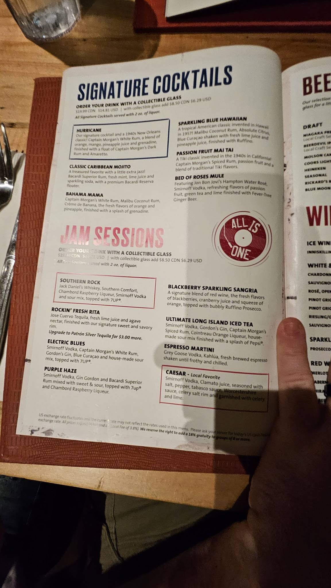 Menu at Hard Rock Cafe, Niagara Falls, Falls Ave