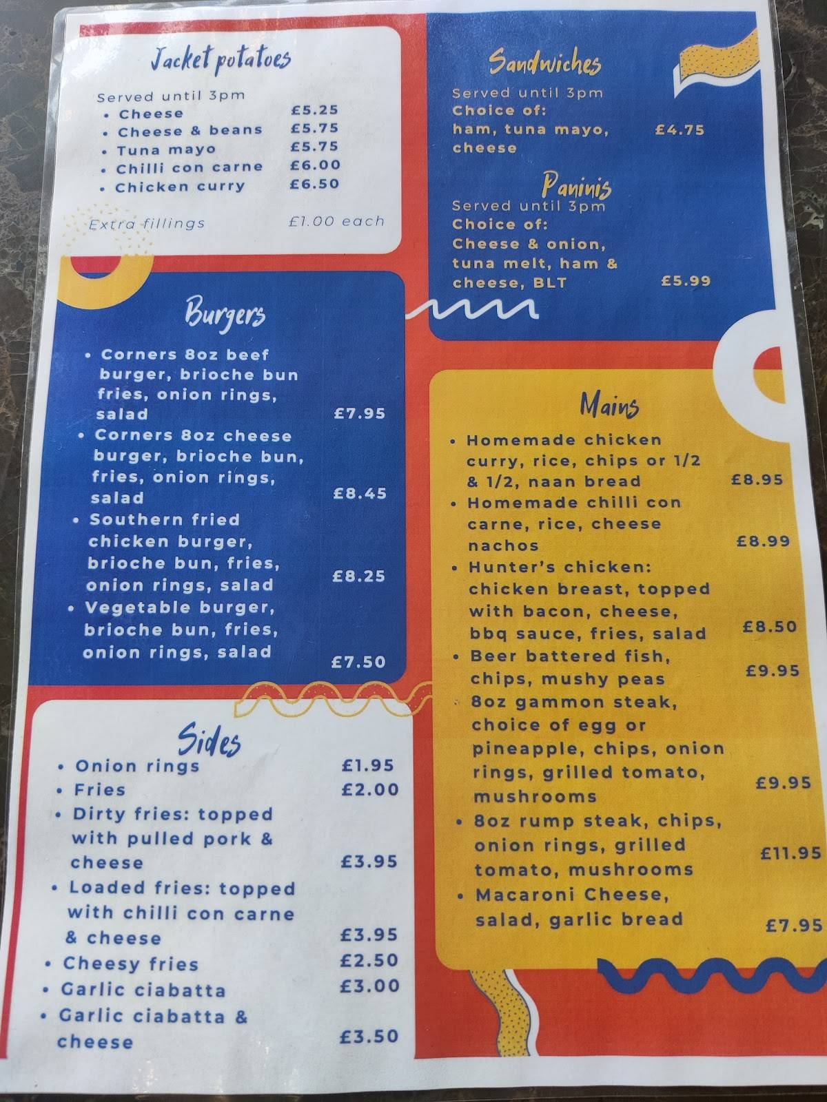 Menu at Corner Cafe, Rhyl, 14 W Parade