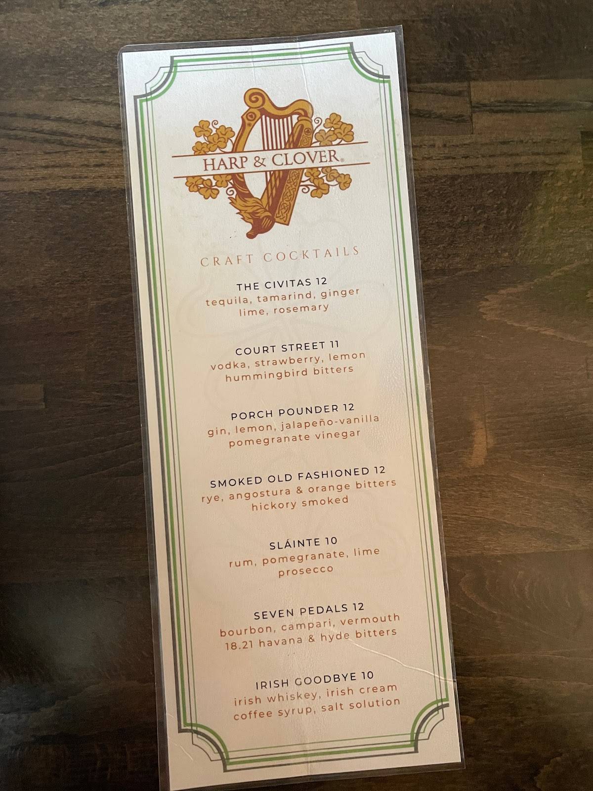 Menu at CLOVER ON COURT (Formerly Harp and Clover) pub & bar, Gadsden