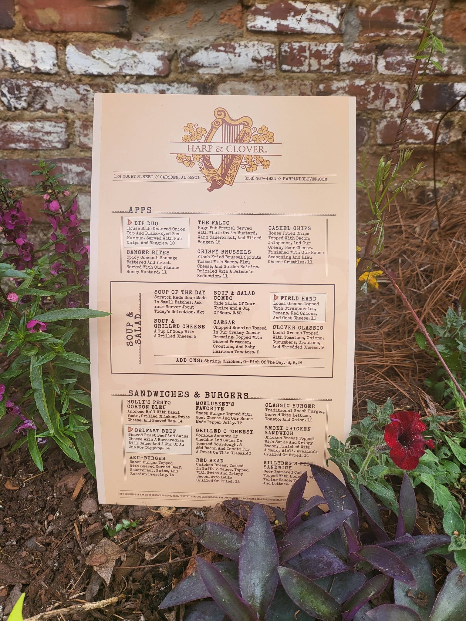 Menu at CLOVER ON COURT (Formerly Harp and Clover) pub & bar, Gadsden