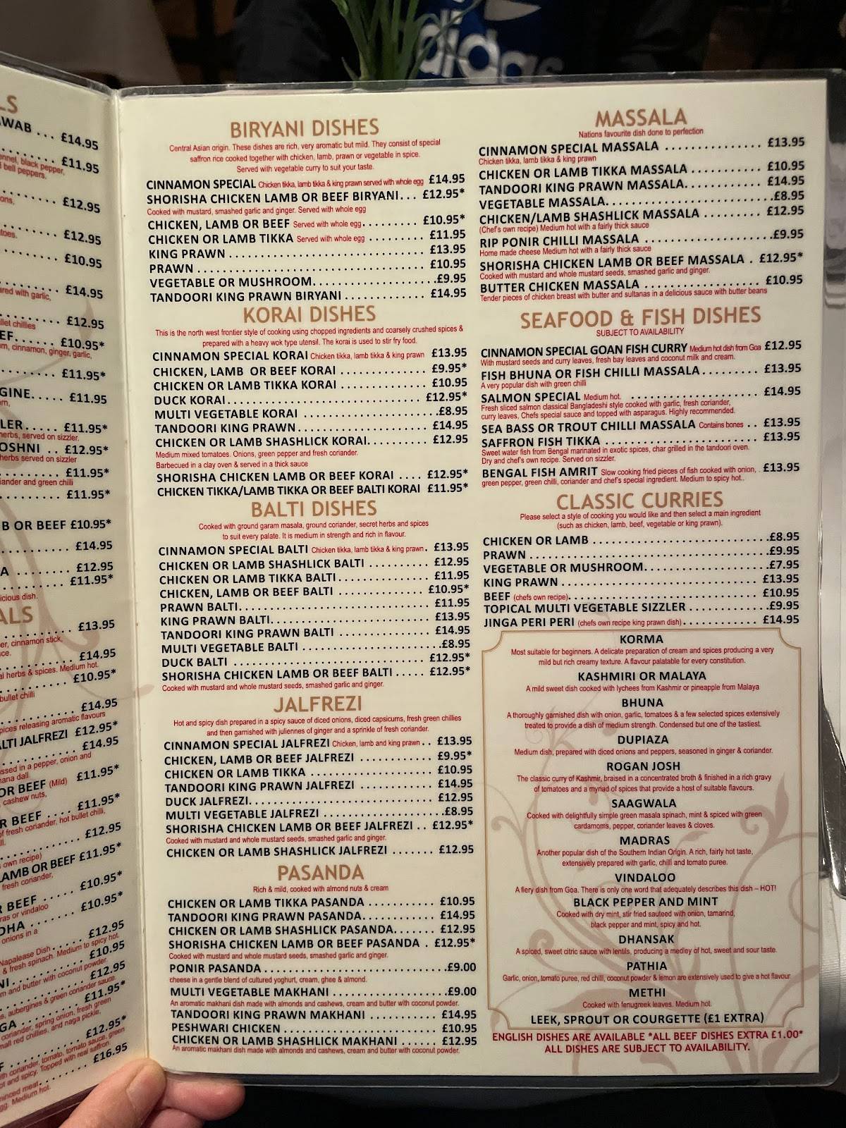 Menu at Cinnamon restaurant, Harpenden