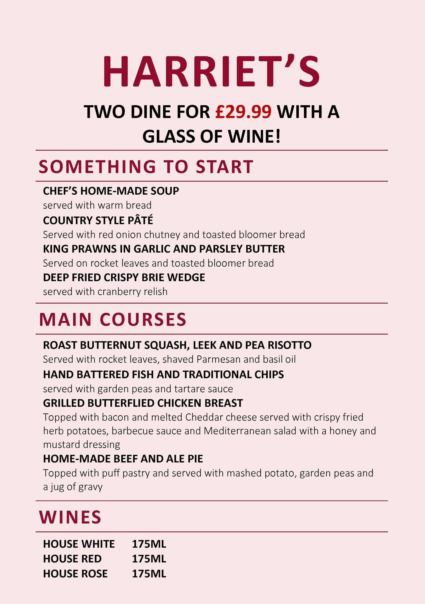 Menu at Harriet's Restaurant, Horley