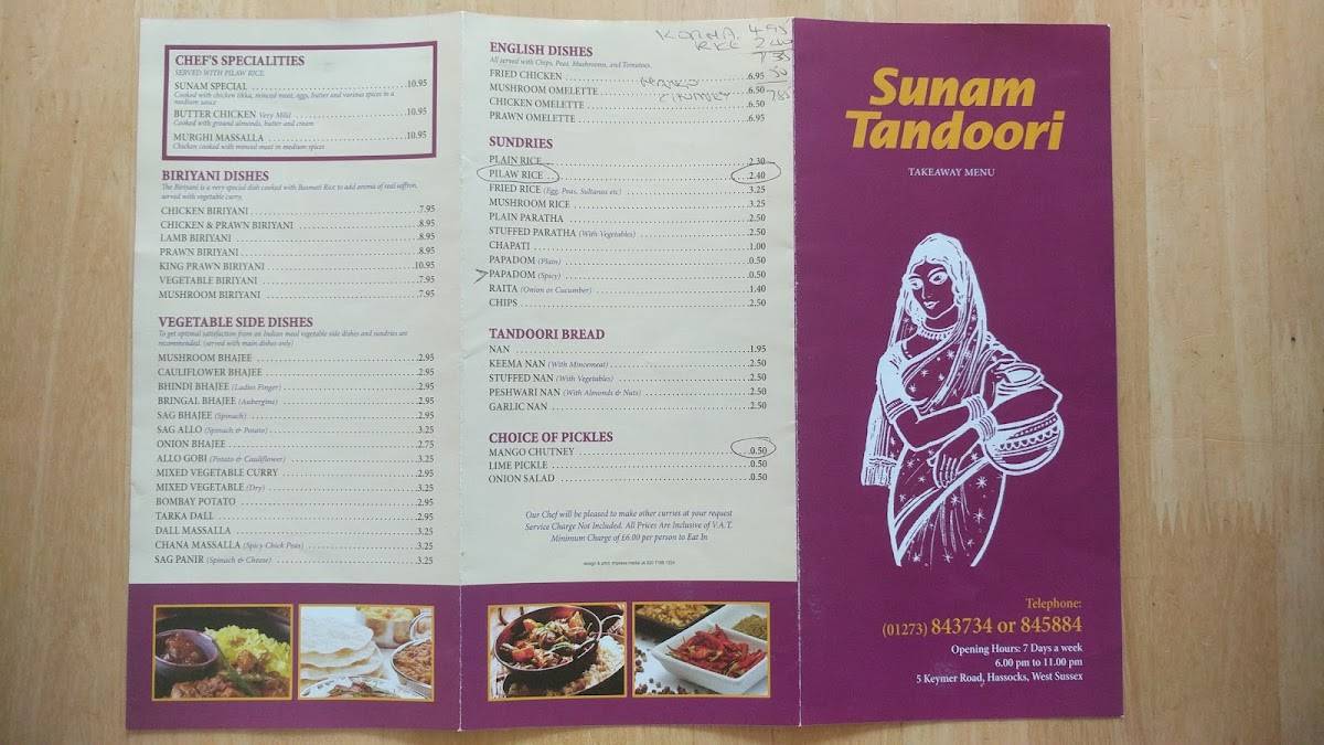 Menu at Sunam Tandoori restaurant, Hassocks