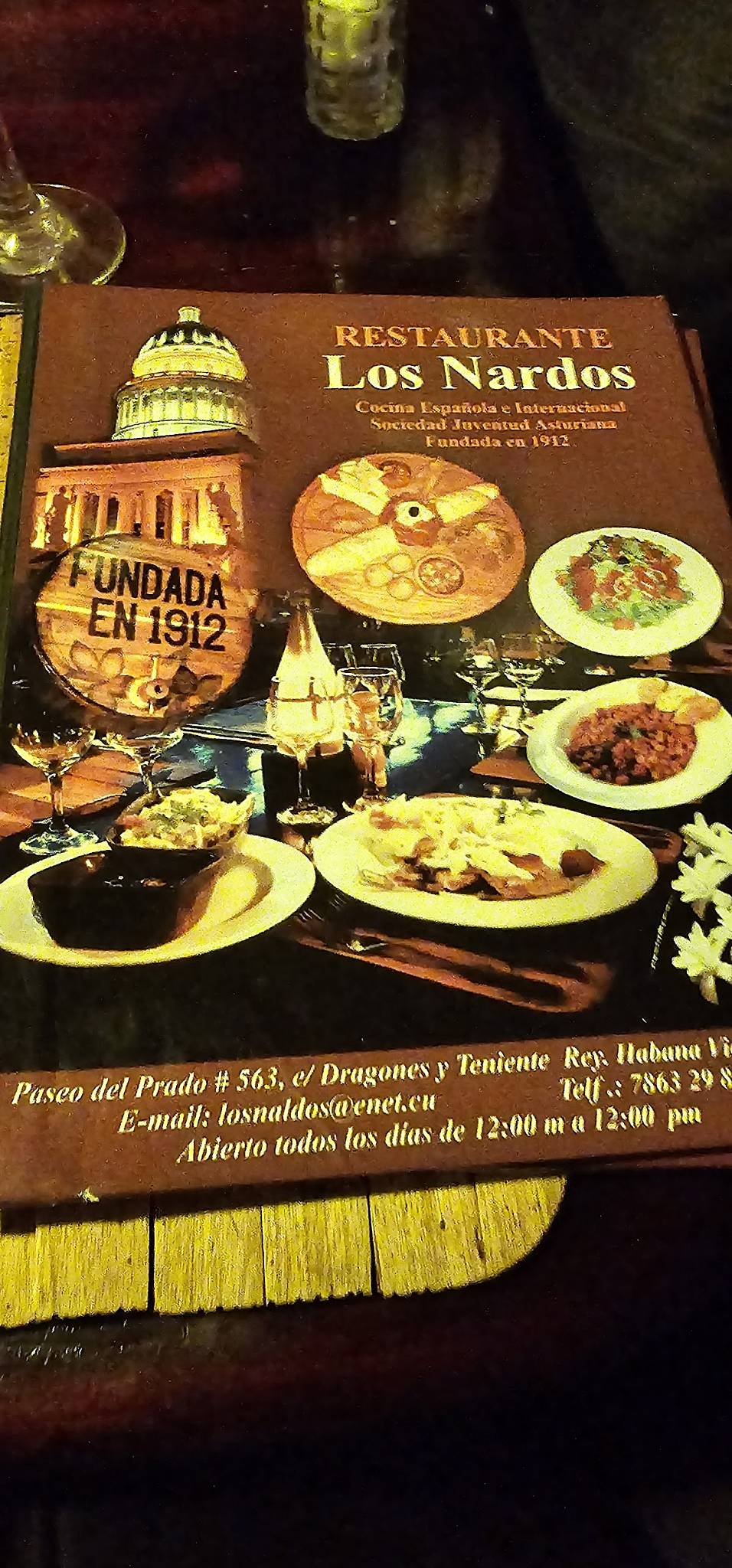 Carta del restaurante Los Nardos, La Habana