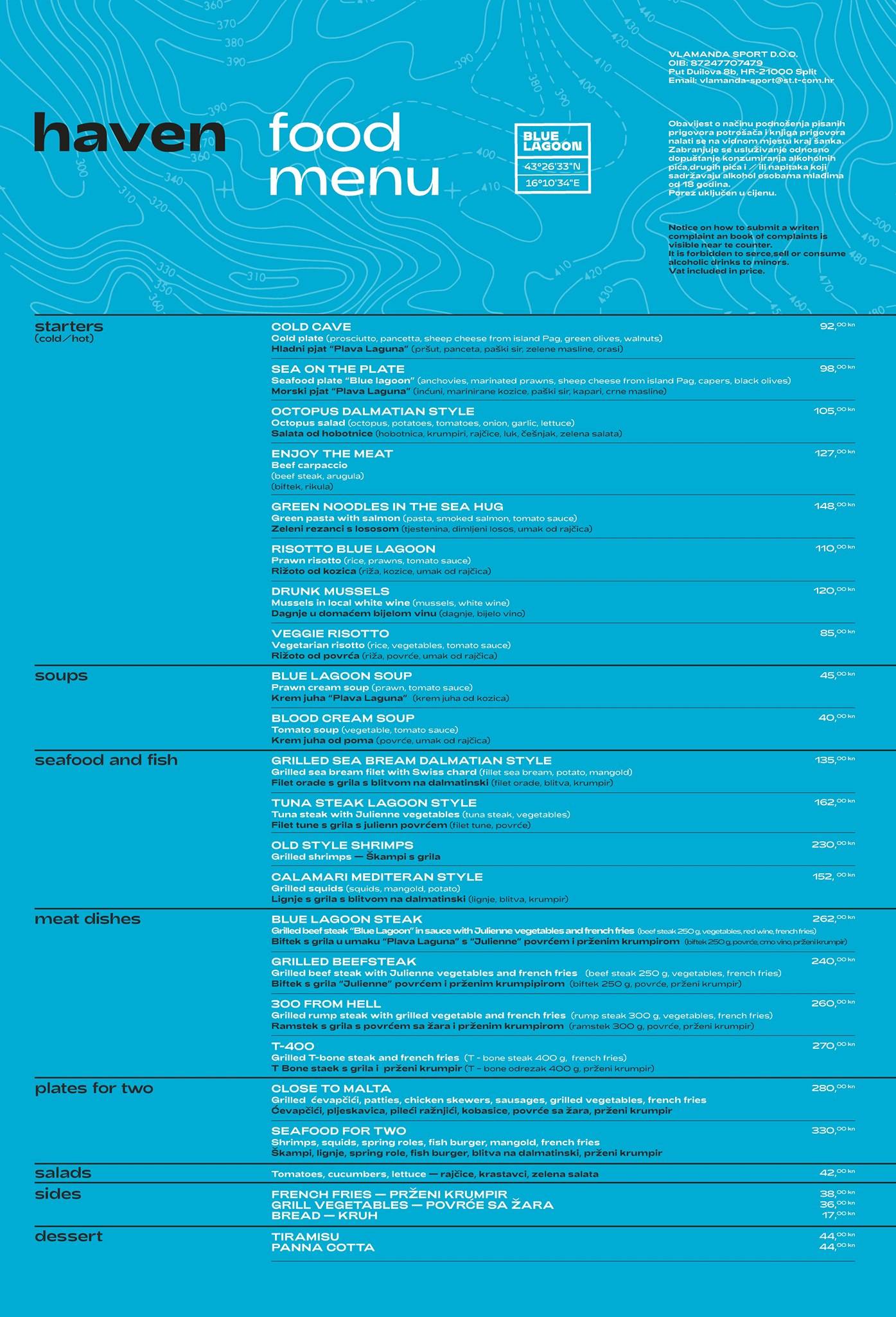 Menu at Haven Blue Lagoon restaurant, Drvenik Veli
