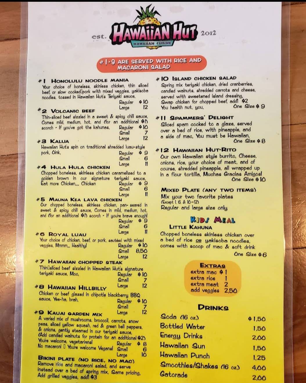 Menu at Hawaiian Hut restaurant, Central Point, Plaza Blvd