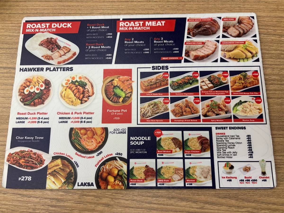 Menu at Hawker Chan Megamall restaurant, Mandaluyong