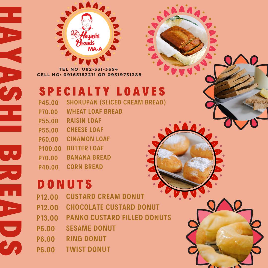 Menu at Hayashi Breads Maa, Davao City