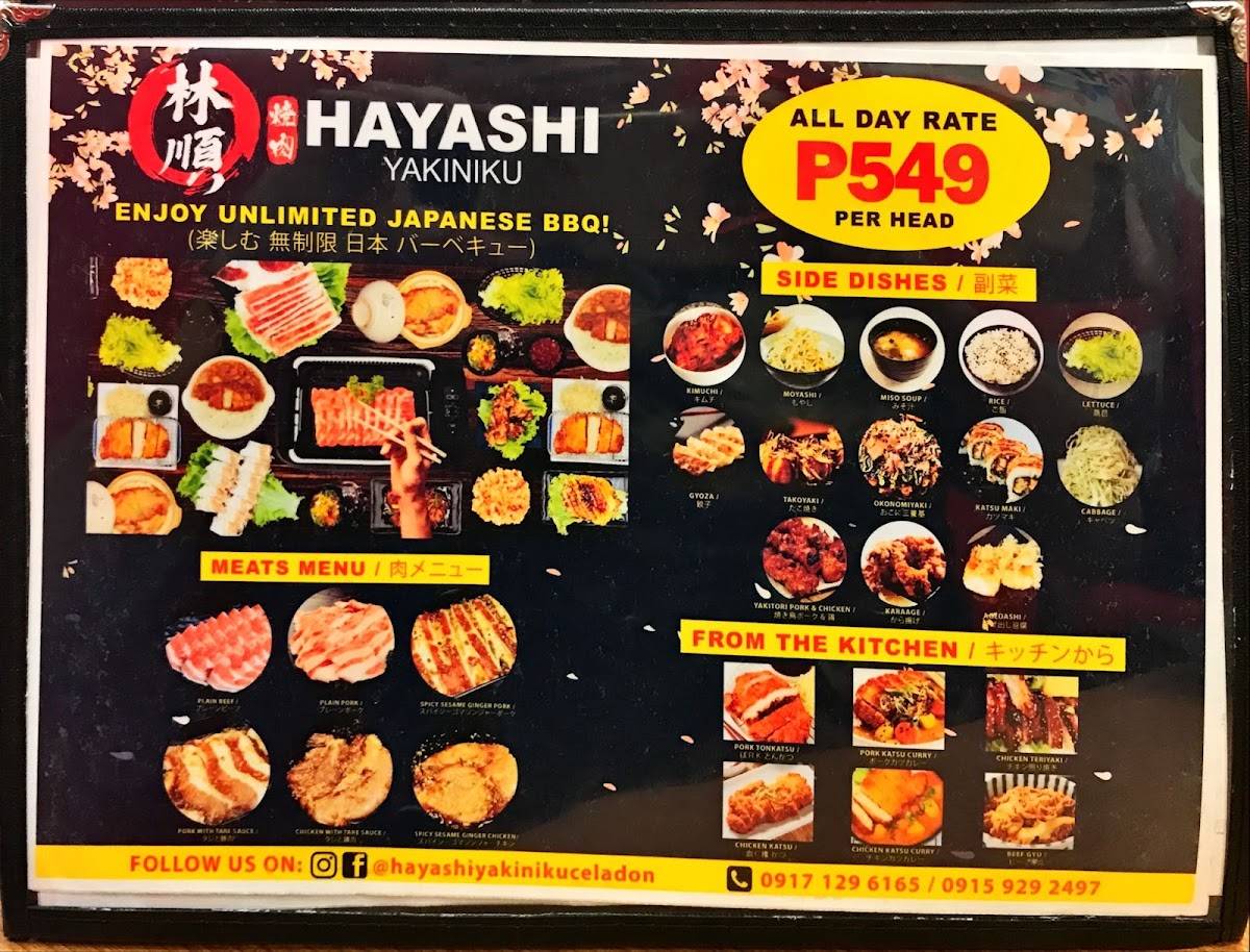 Menu at Hayashi Yakiniku Celadon restaurant, Manila