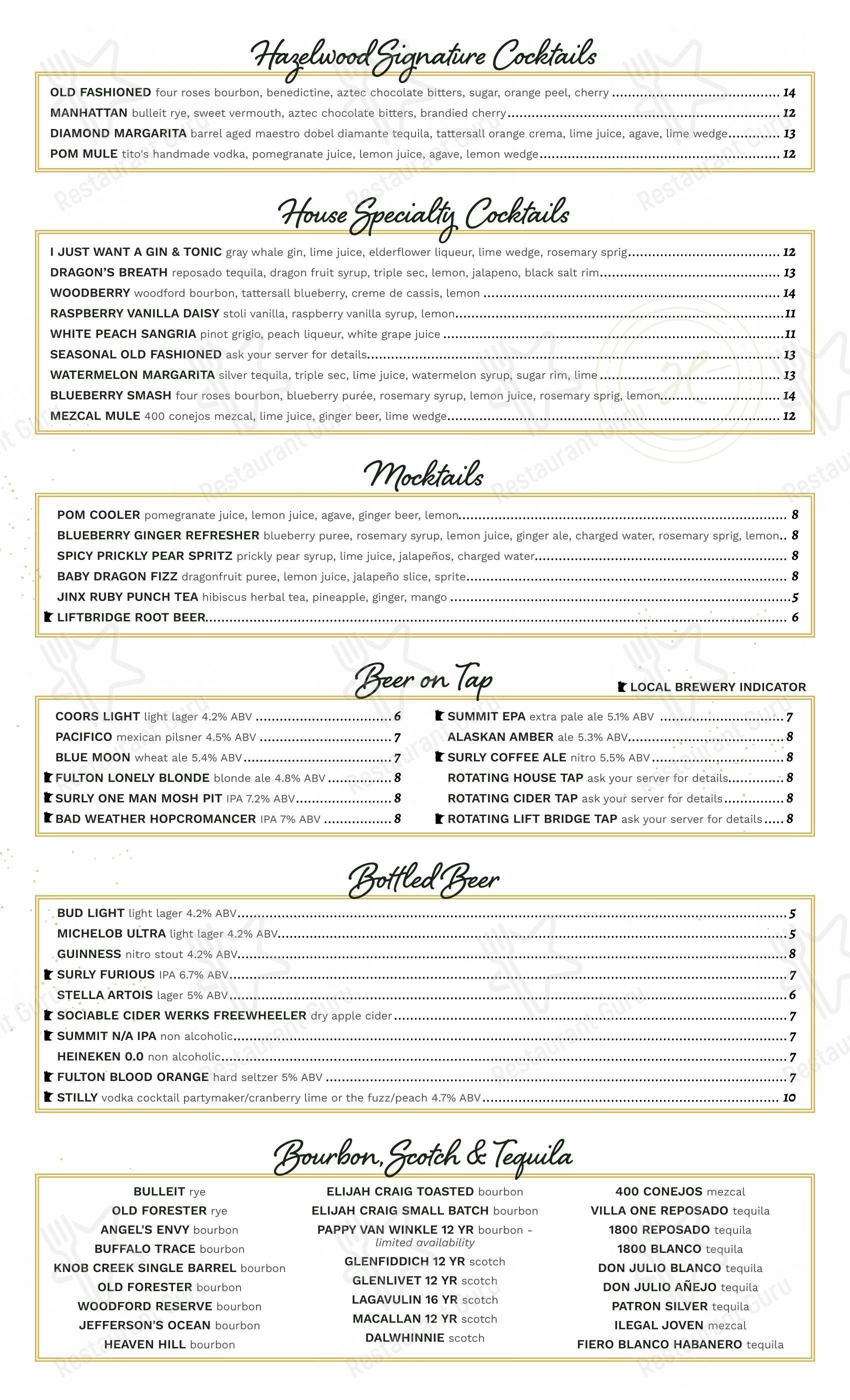 Menu at Hazelwood Food and Drink- Tonka Bay pub & bar, Excelsior