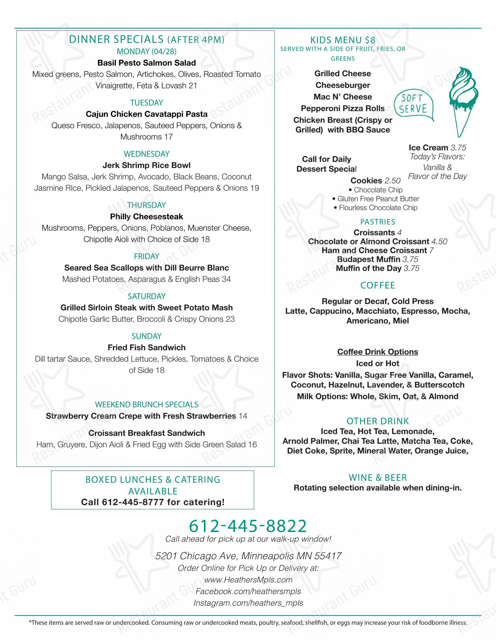 Menu at Heather's restaurant, Minneapolis