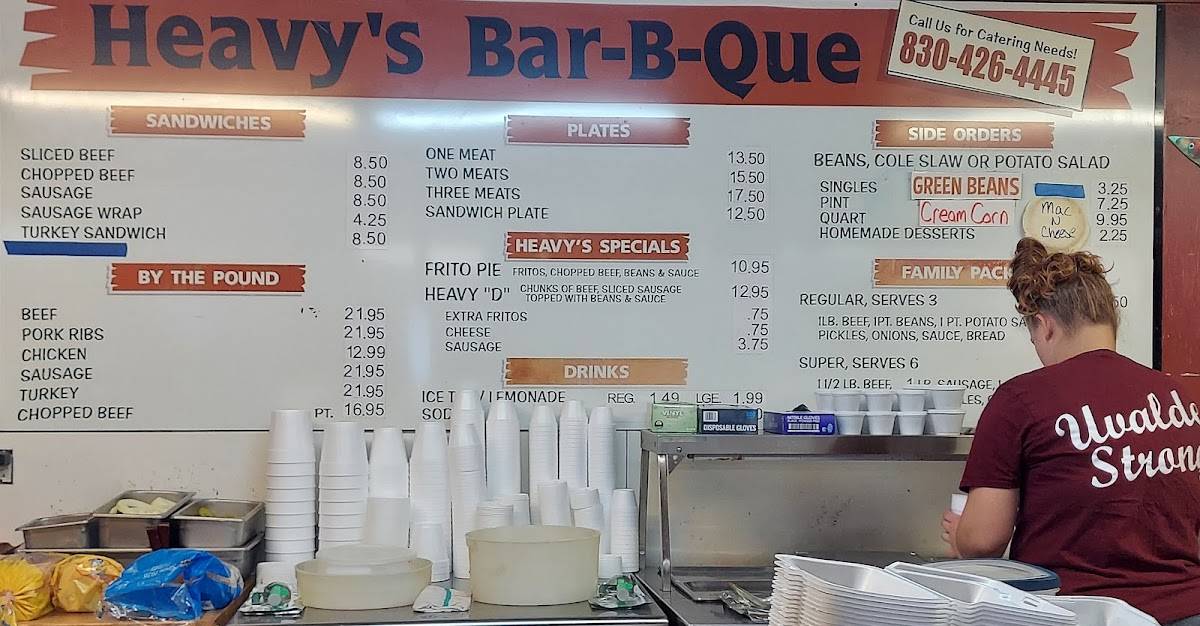 Menu at Heavy's Bar B Que, Hondo