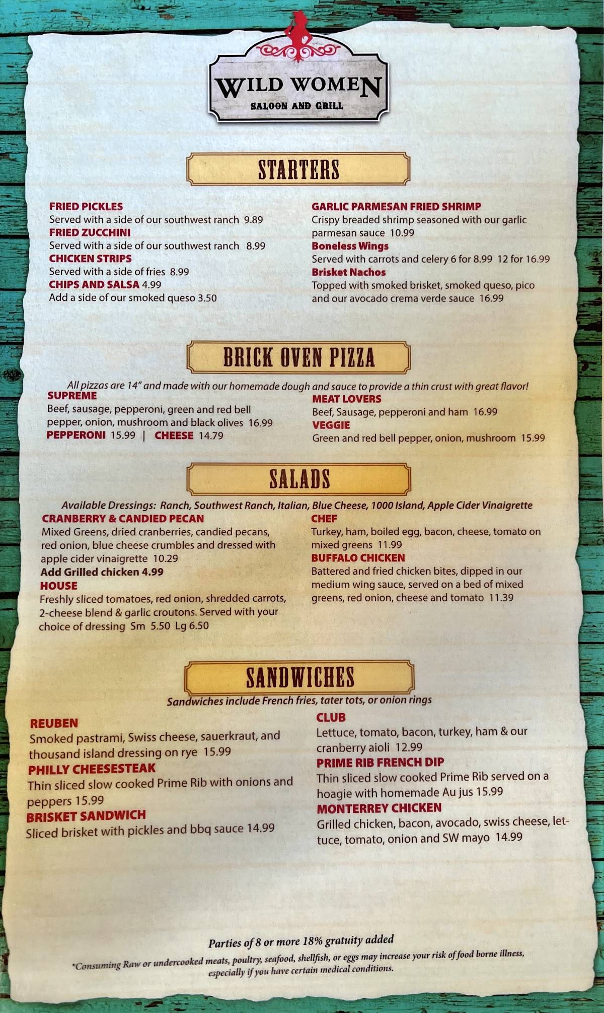 Menu at Wild Women Saloon and Grill pub & bar, Heber-Overgaard