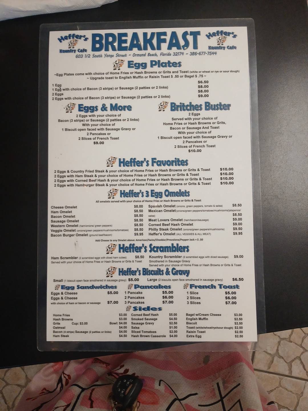 Menu at Heffer's Kountry Cafe, Ormond Beach, 603 S Yonge St