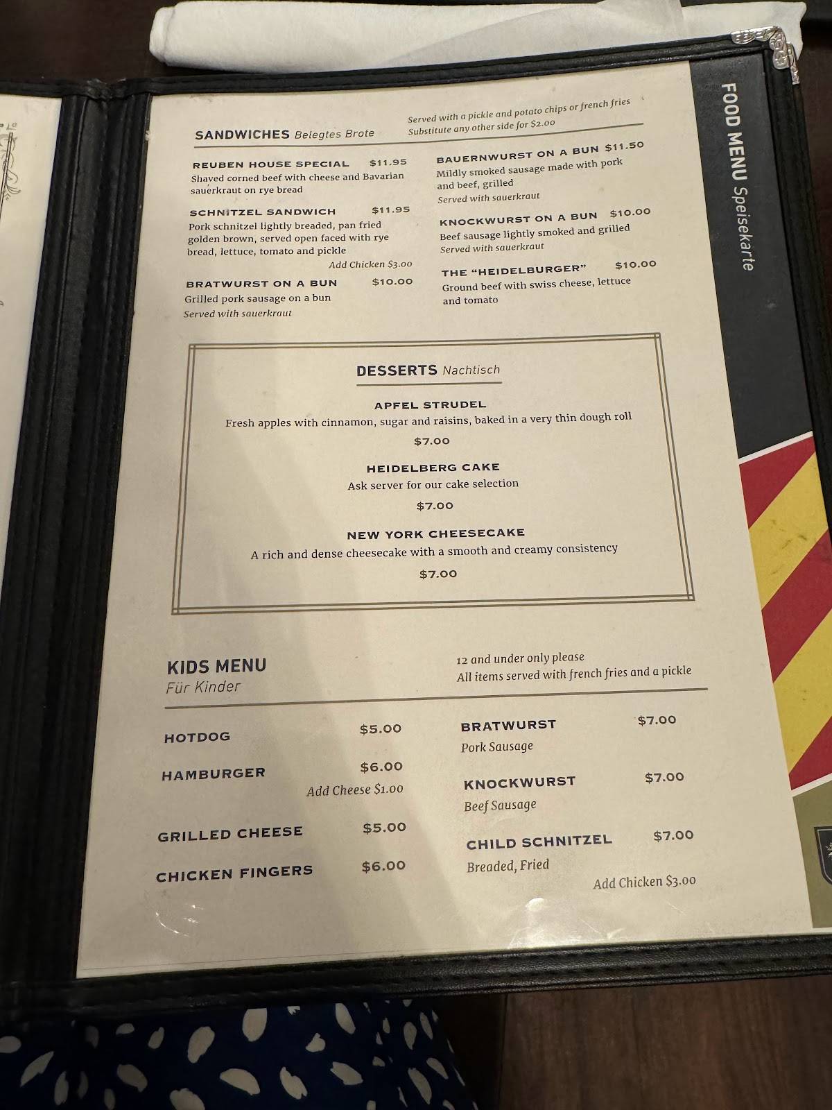 Menu at Heidelberg Restaurant, Helen