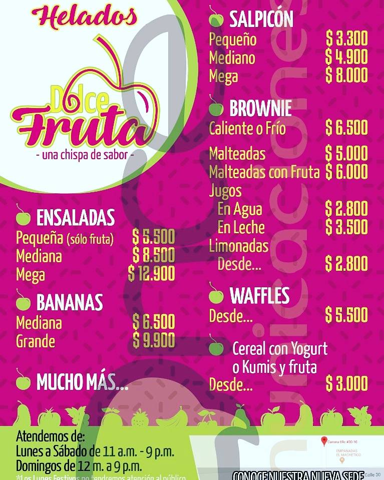 Menu at Helados Dolce Fruta, Colombia