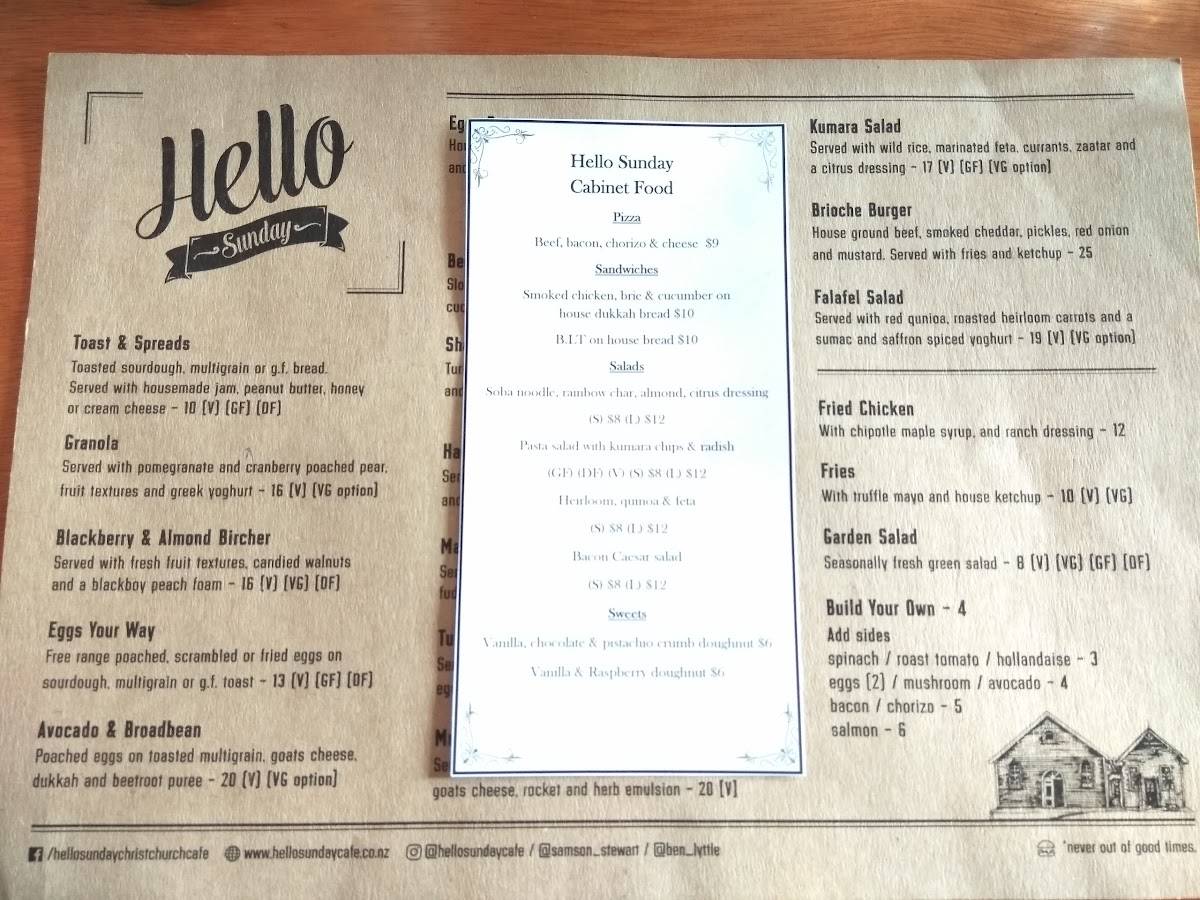 Menu at Hello Sunday cafe, Christchurch